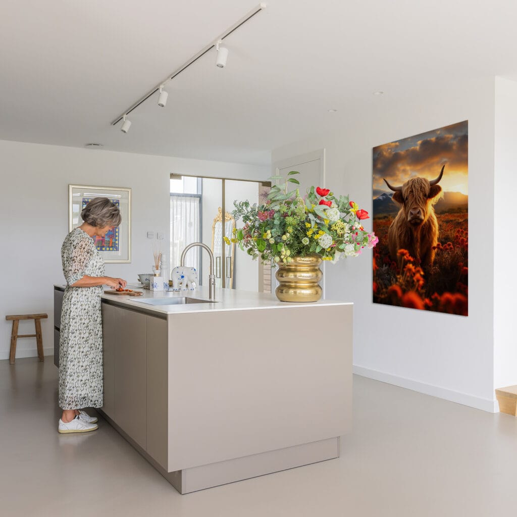 Scottish Higlander in Flower Field plexiglas schilderij » XCLUSSO